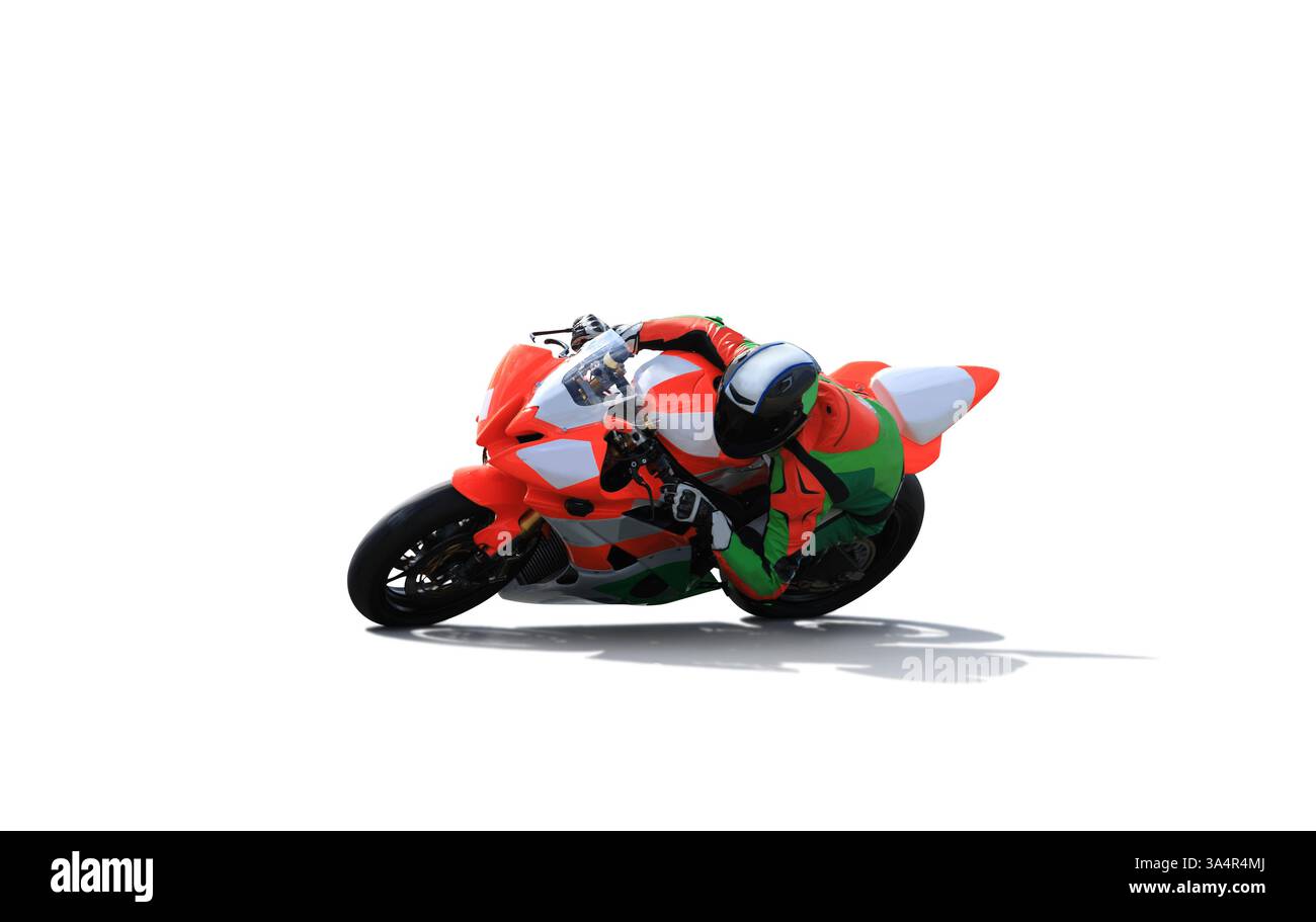 Racing bike rider leaning into a fast corner on the race track isolated ...