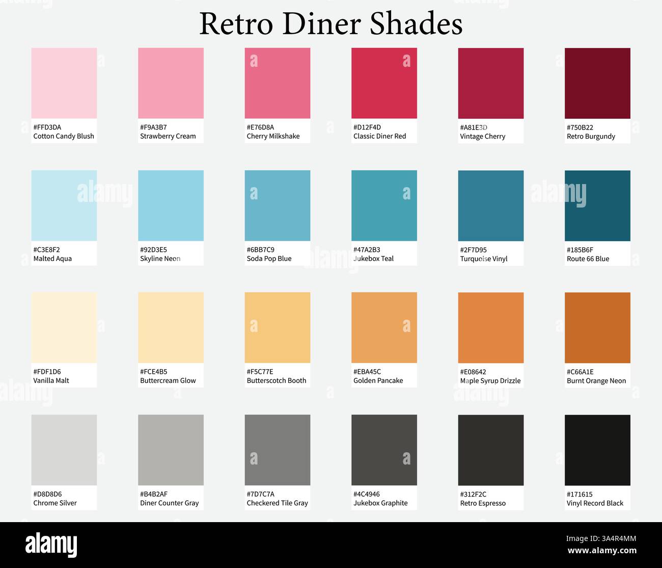 Color Palette 24 Retro Diner Shades - Vintage Classic, Pastel Pink ...