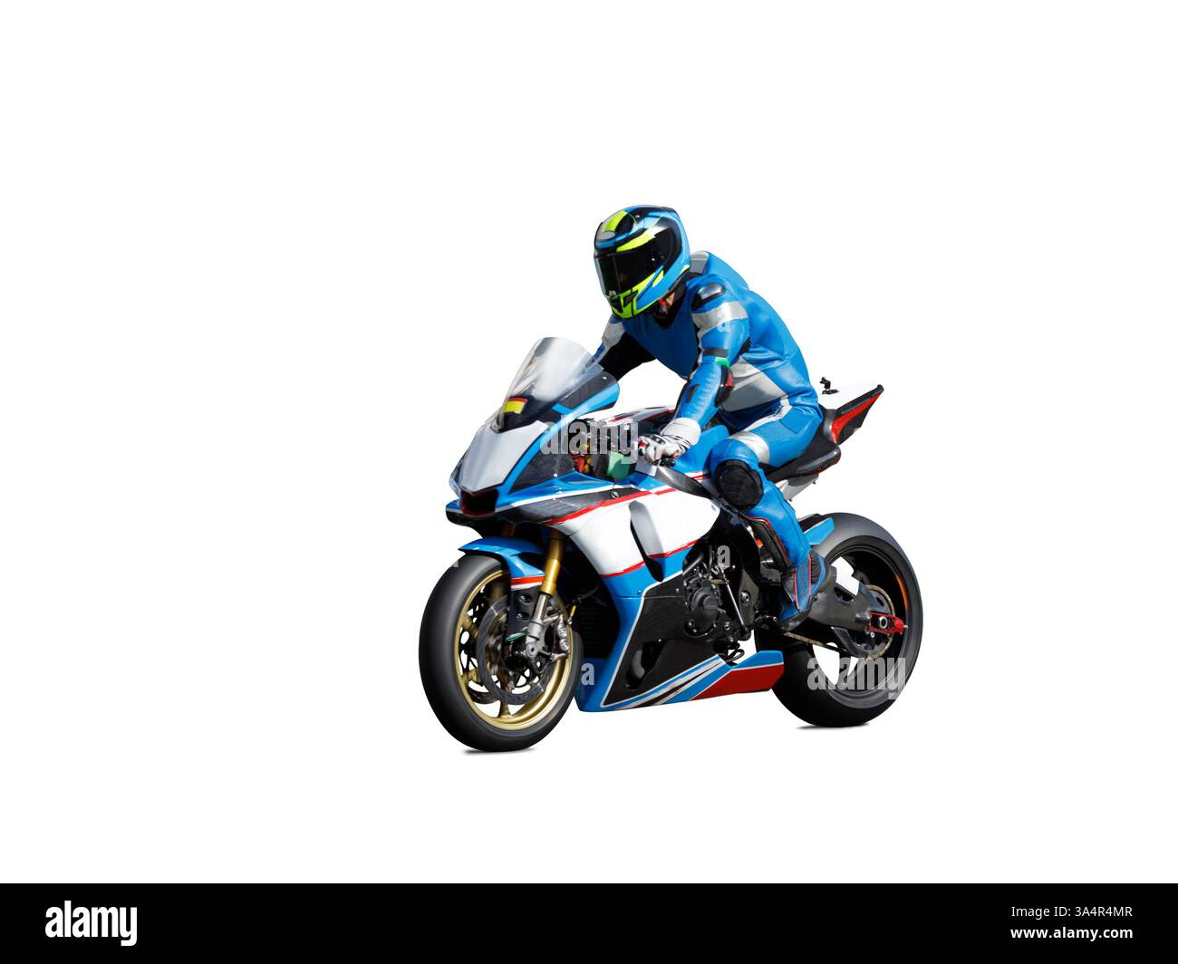 Racer in blue helmet and gear on a sports motorcycle isolated on white ...