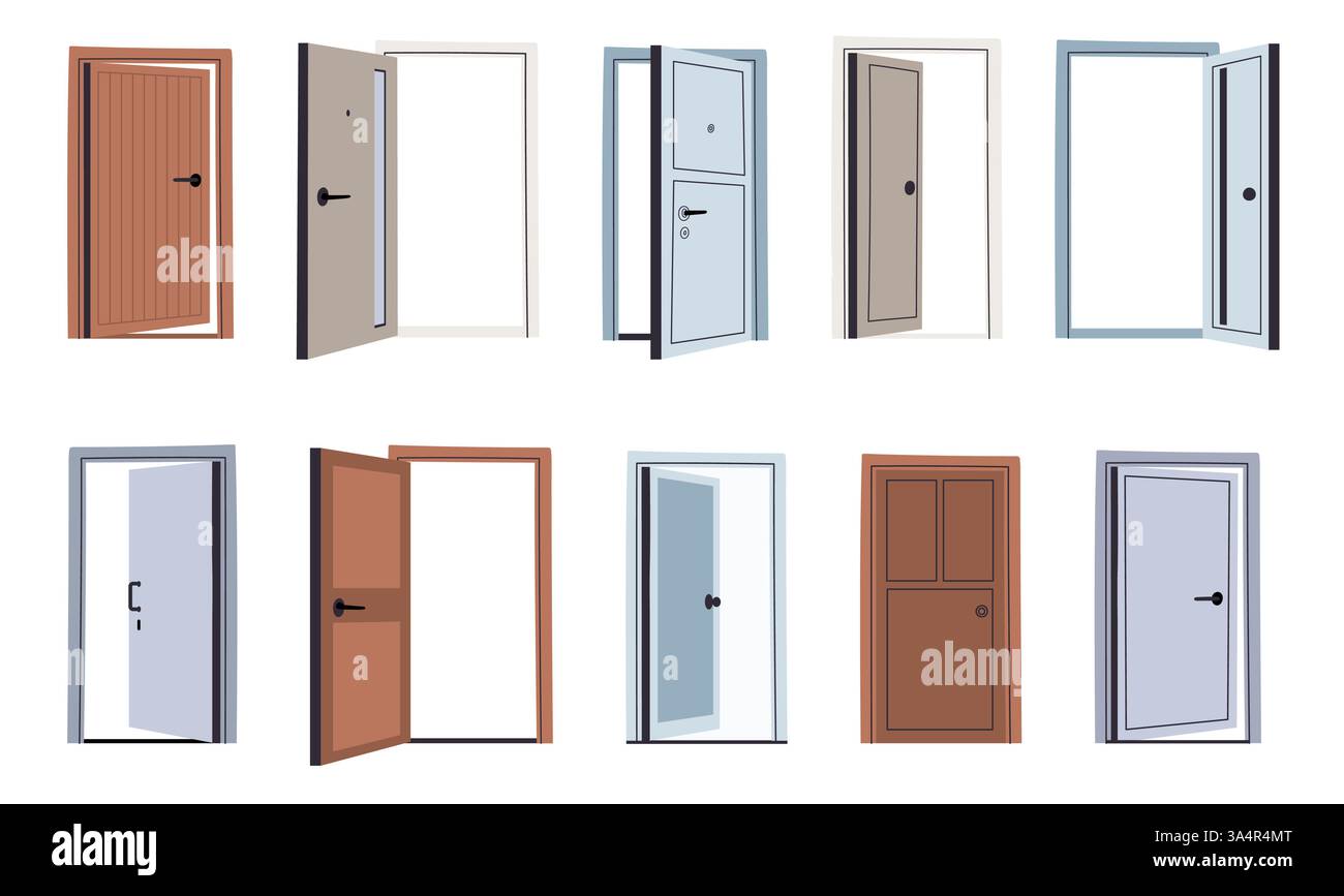 Open and closed doors. Home entrance. Wooden doorway. Apartment entry ...