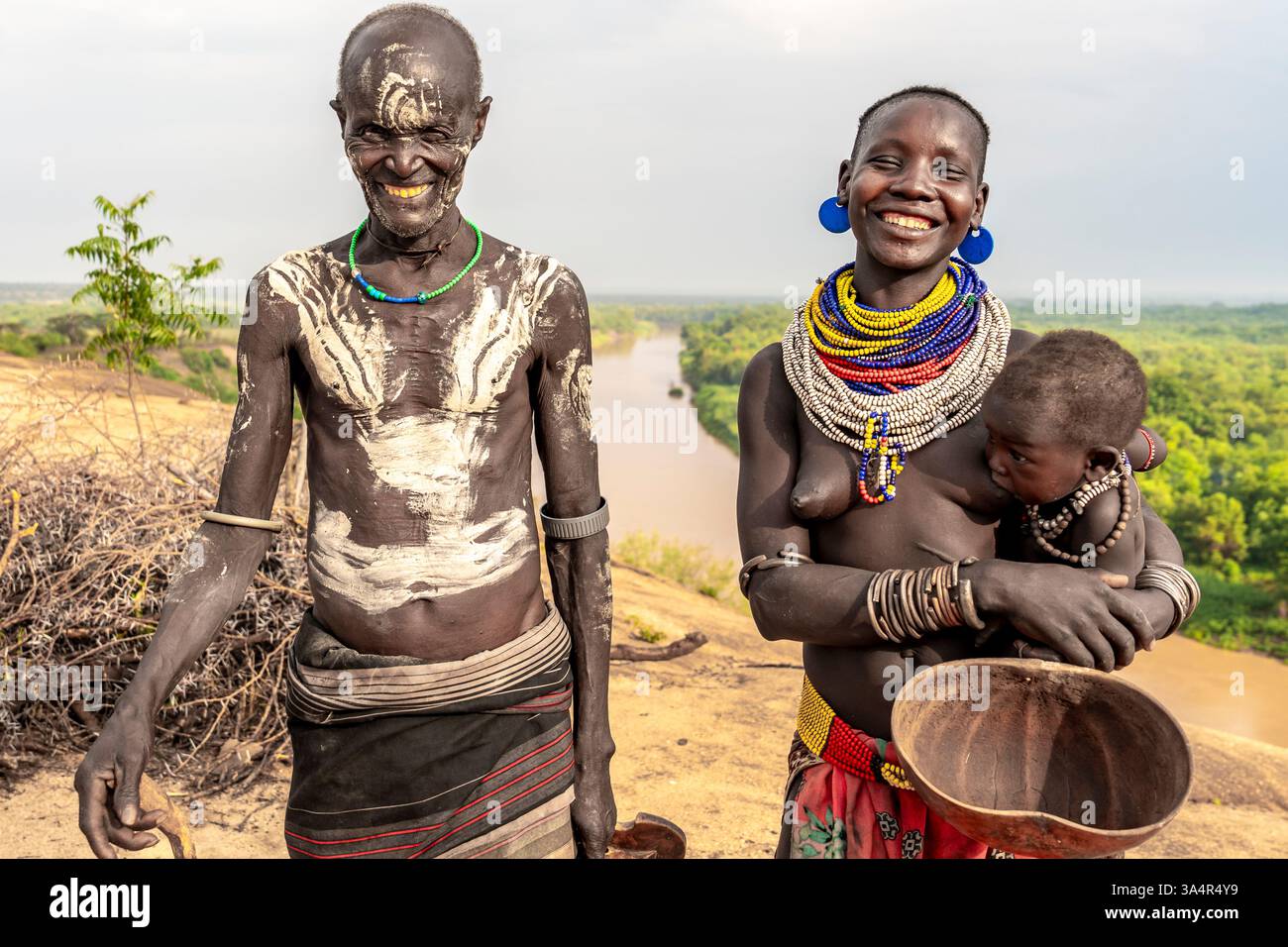 Ethiopia, man and woman from the Karo tribe in the Omo Valley. 18th of ...