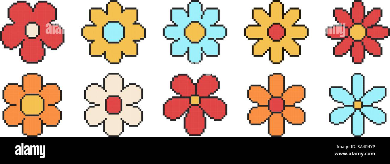 8 bit flower icon set. Pixel art object. Old school vintage game graphic Stock Vector Image ...