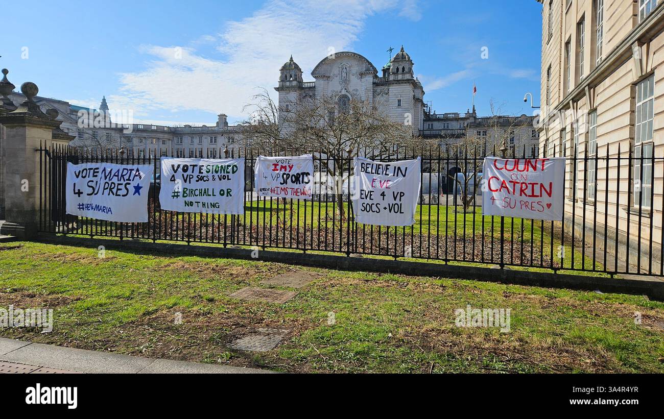 Student election banners outside Cardiff University, March 2025 Stock ...