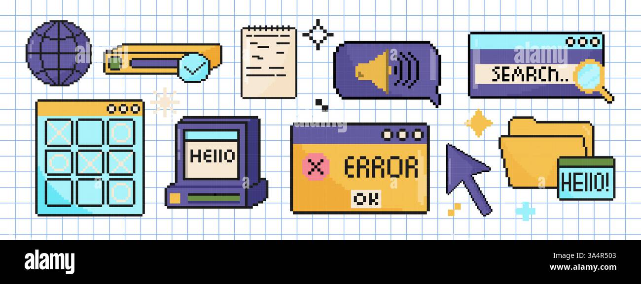 Y2K computer windows set. Pixel art objects in 8 bit style. Retro 80s ...
