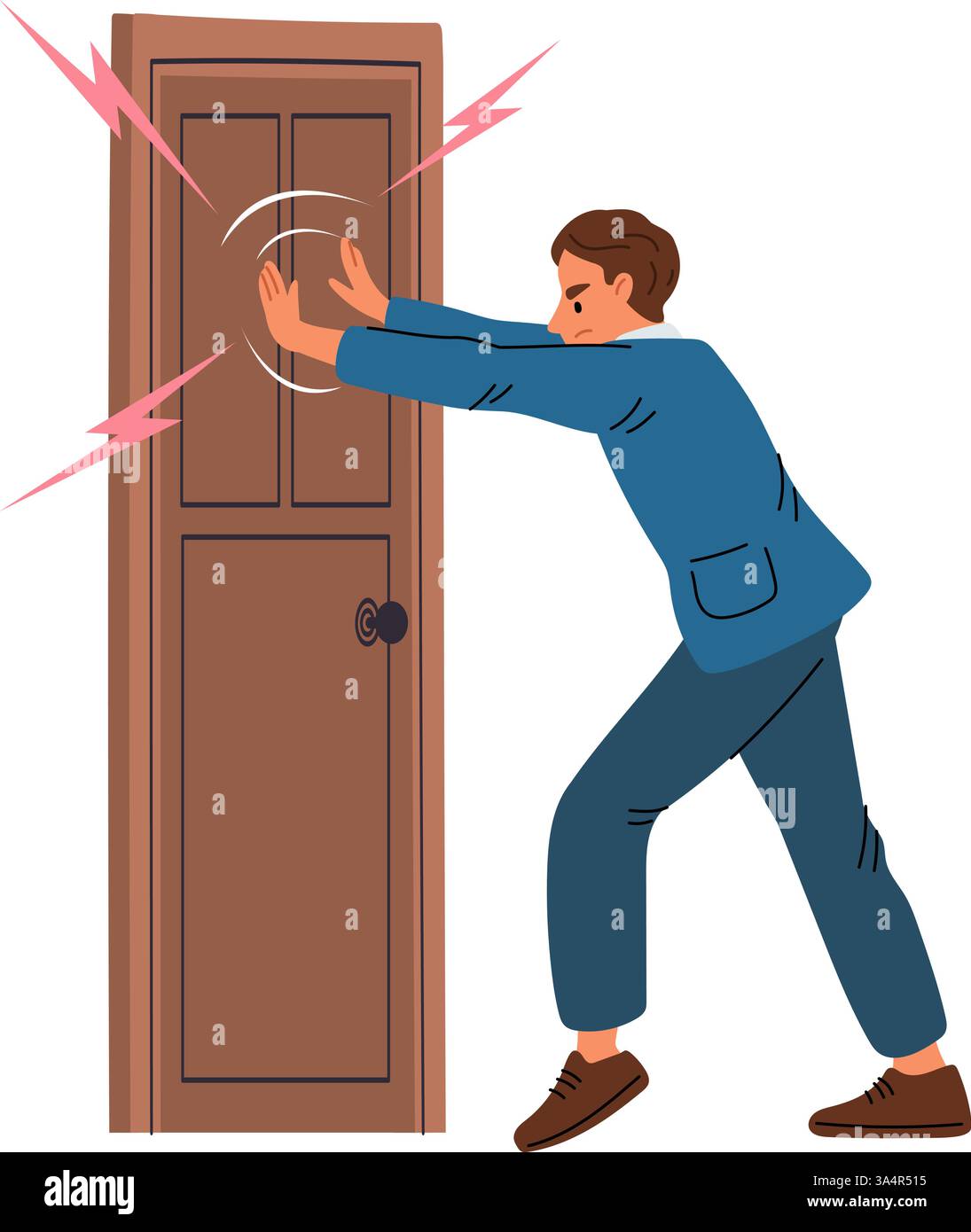 Man pushes closed door. Symbol of dead end. Guy pressing with force ...