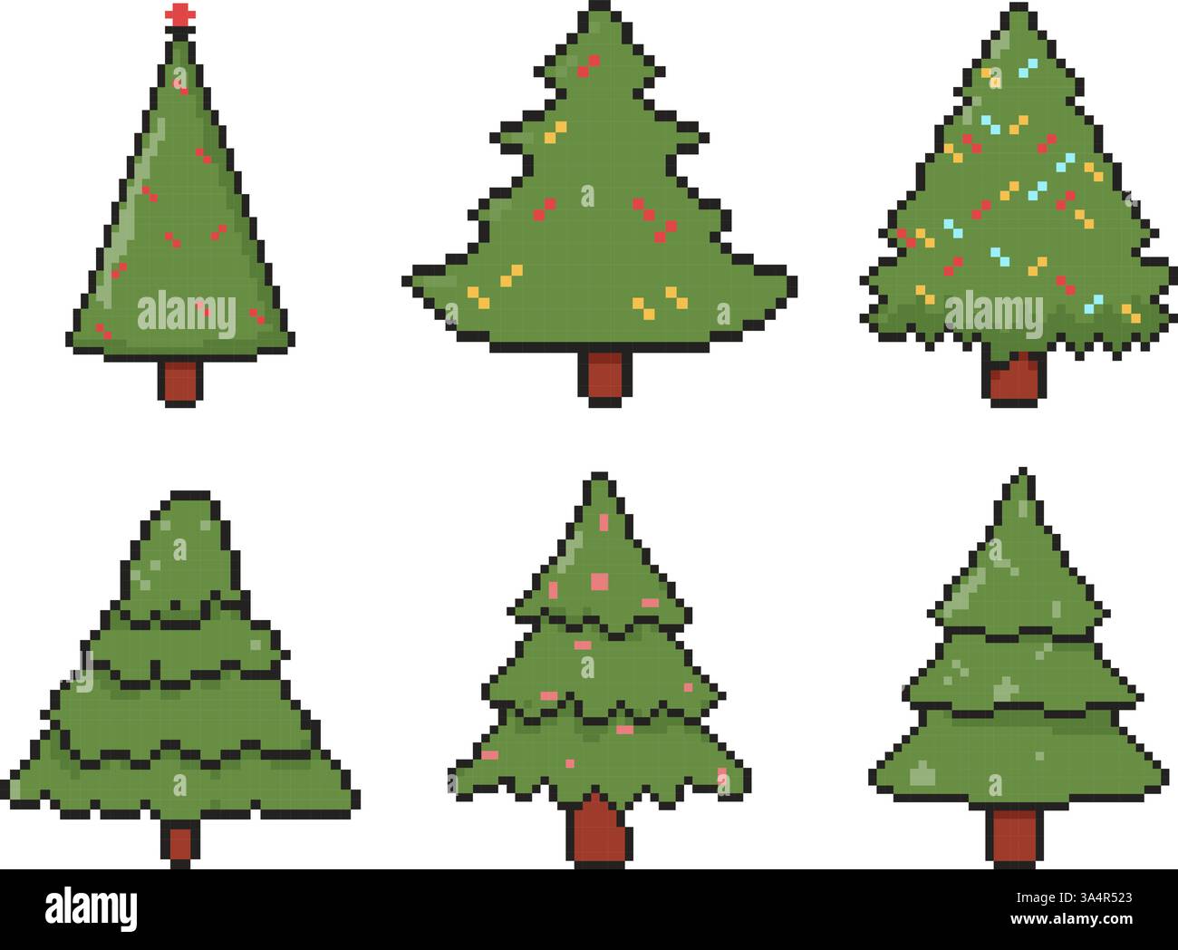 8 bit christmas tree icon set. Pixel art object. Old school computer graphic style Stock Vector ...