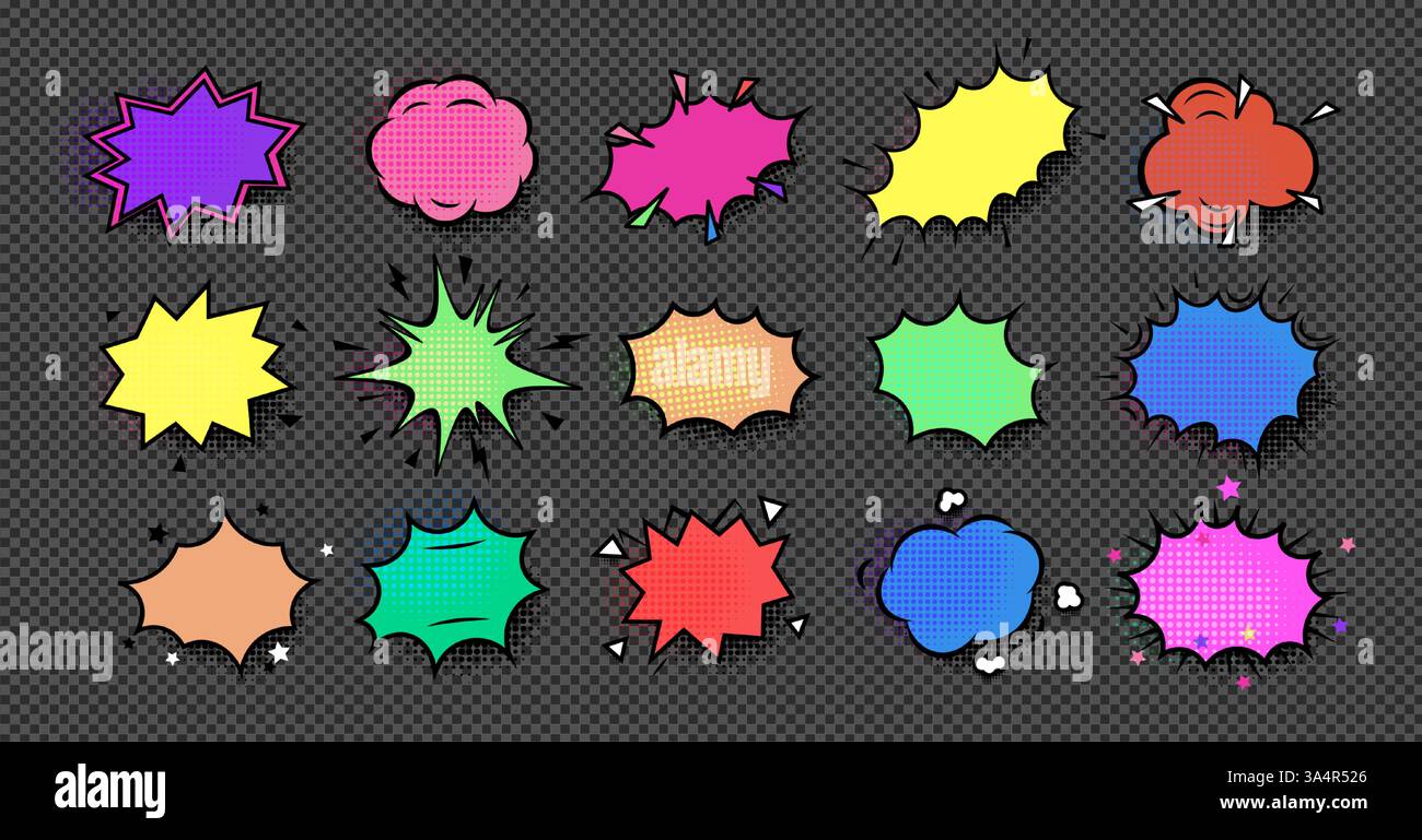 Colorful empty comic speech bubbles set with explosion effects, halftone shading, and dynamic ...