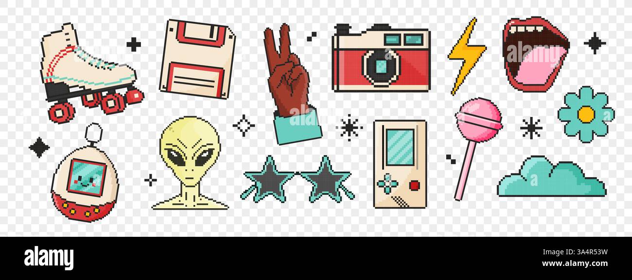 8 bit retro y2k elements icon set. Pixel art object. Old school vintage ...