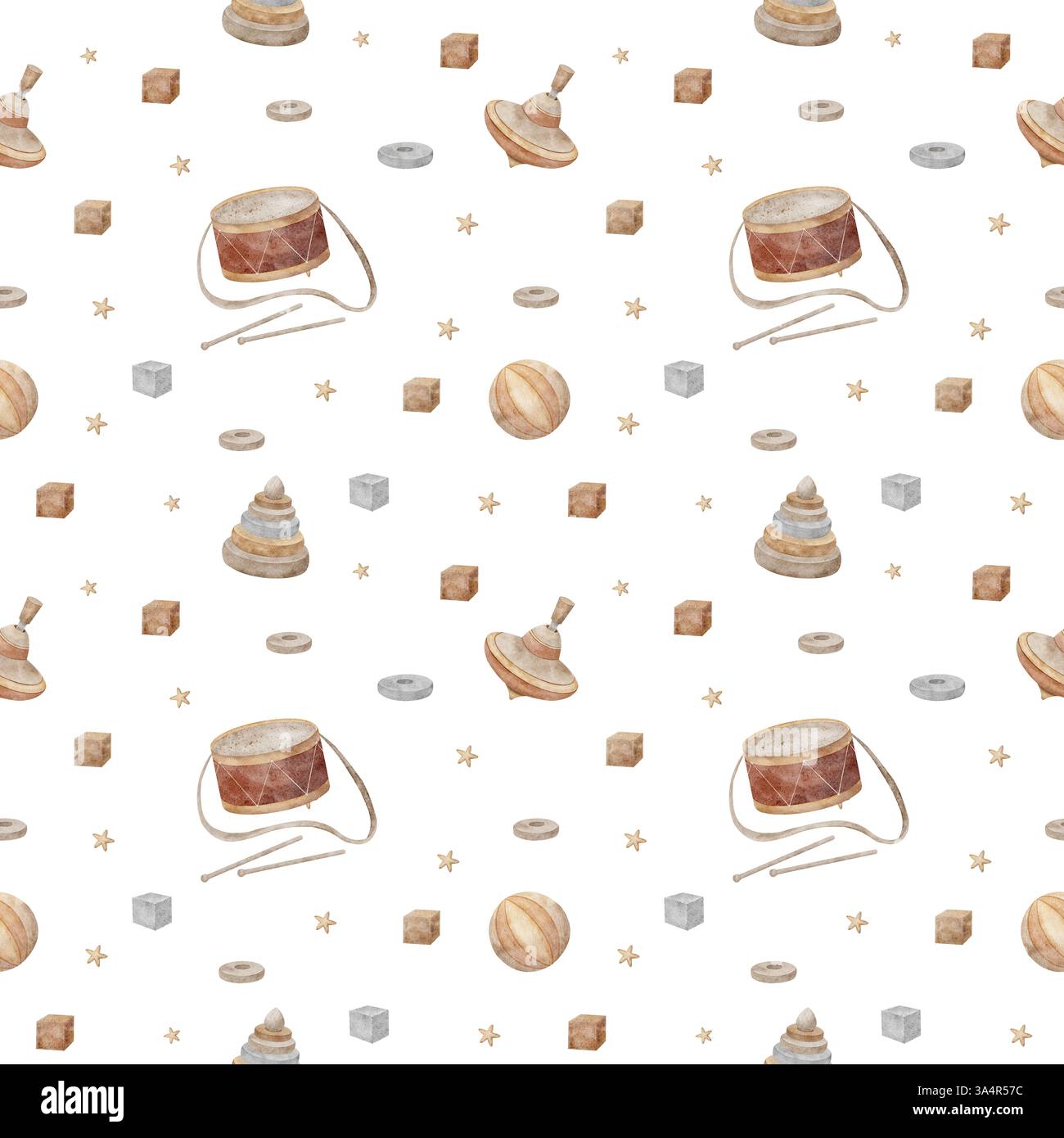 Watercolor pattern vintage toys spinning top, ball, drum, pyramid ...