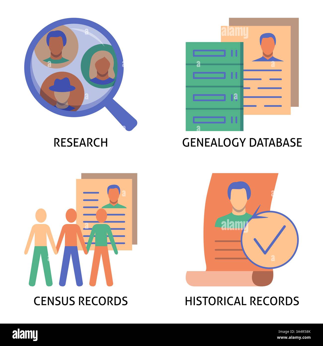 Genealogy database and personal information records flat icon set. Vector illustration Stock ...
