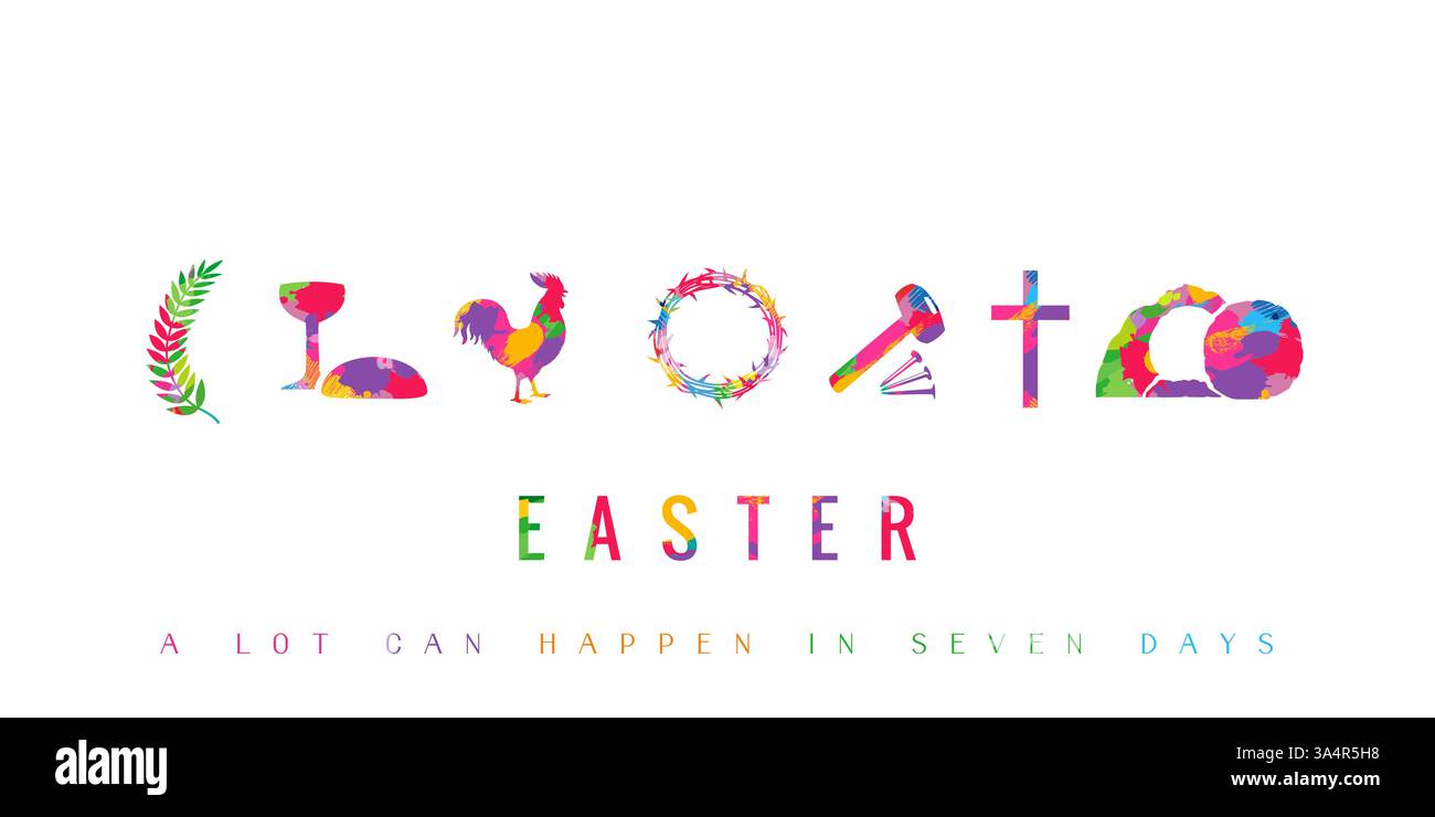 Easter colorful brush pattern icons - palm branch, wine bowl, rooster ...