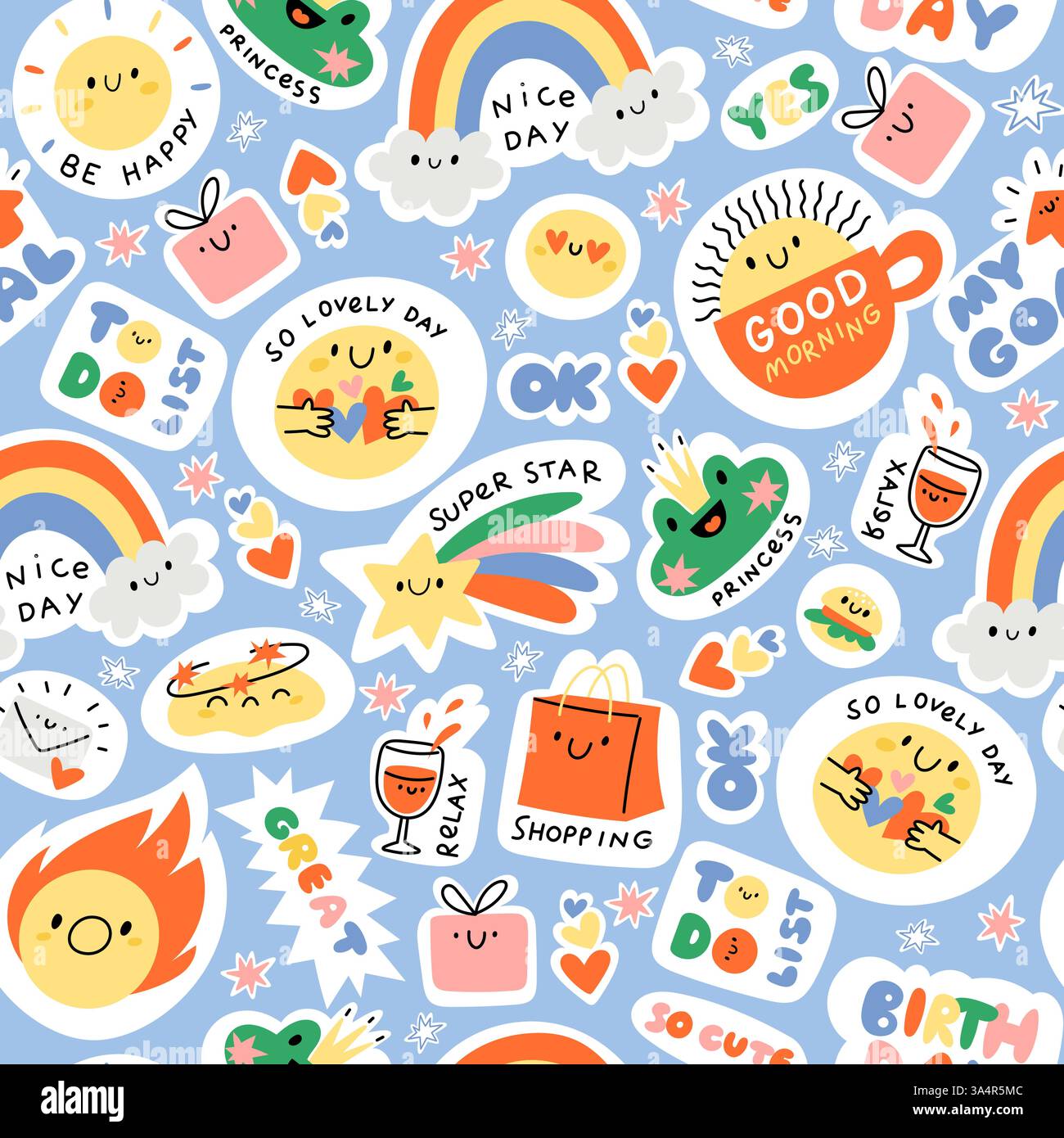 Colorful cartoon stickers with positive phrases. Happy emoji seamless ...