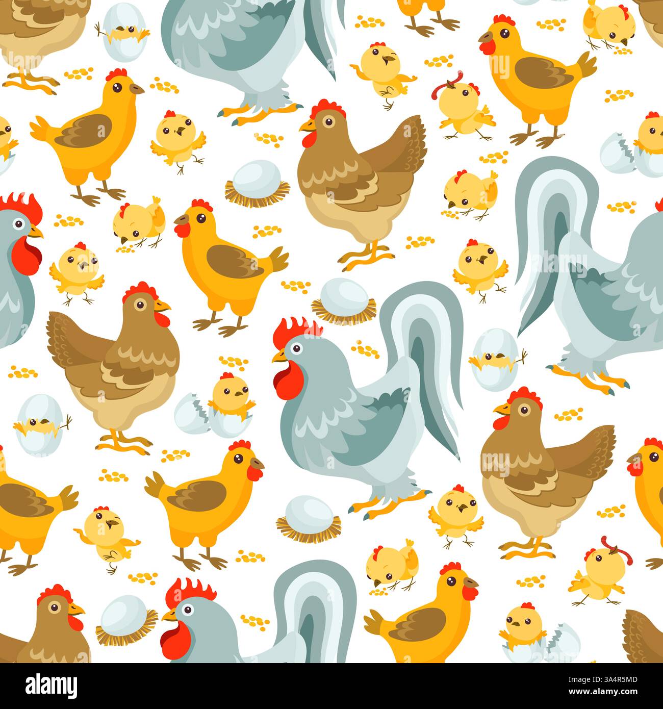 Chickens seamless pattern. Rooster and hen. Farm birds. Egg hatch ...
