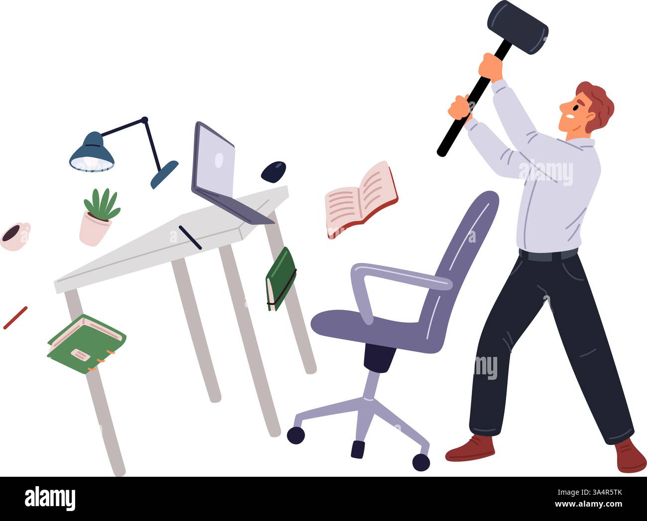 Angry male office worker smashes desk with hammer. Broken workplace ...