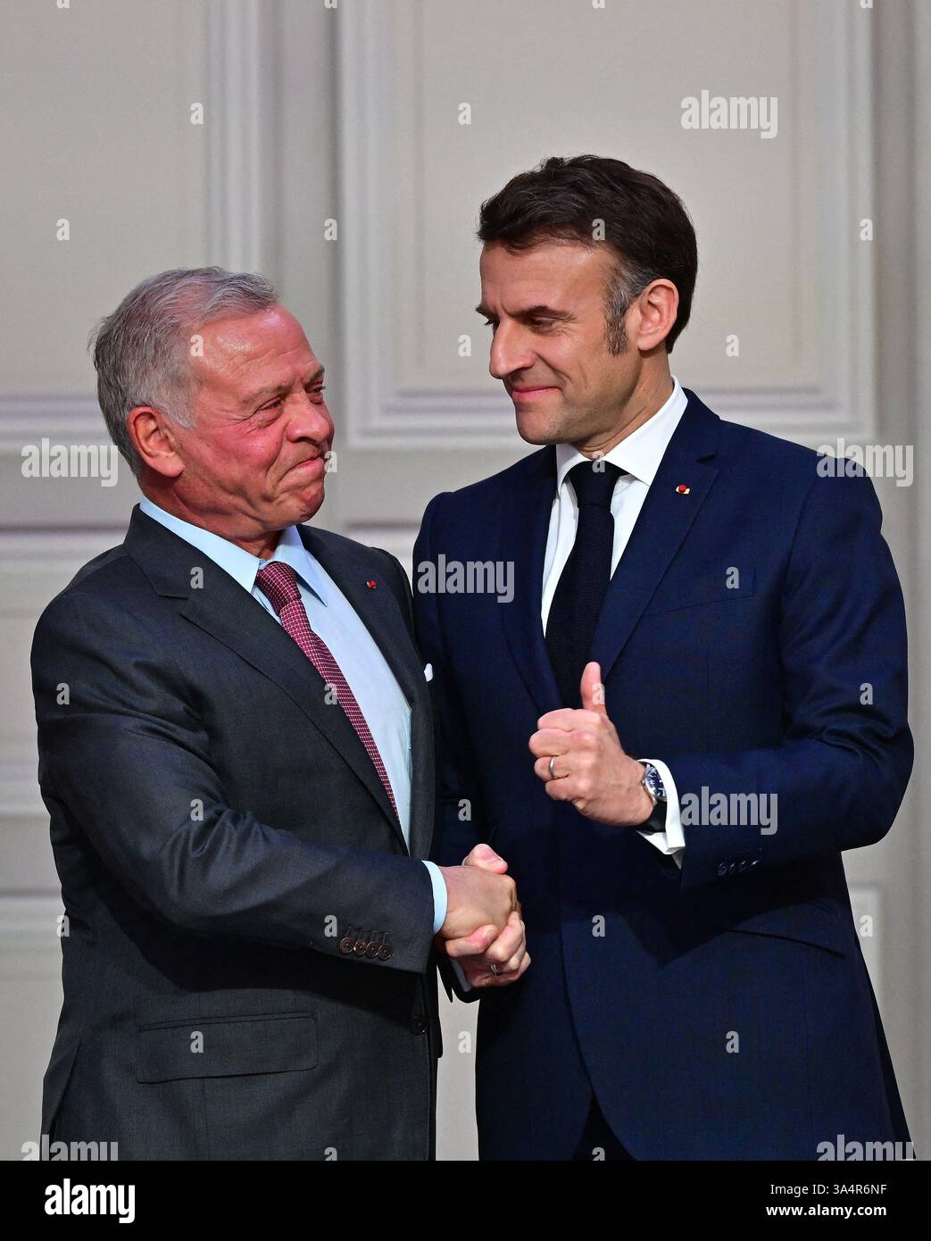 President Emmanuel Macron and King Abdullah II of Jordan during a press ...