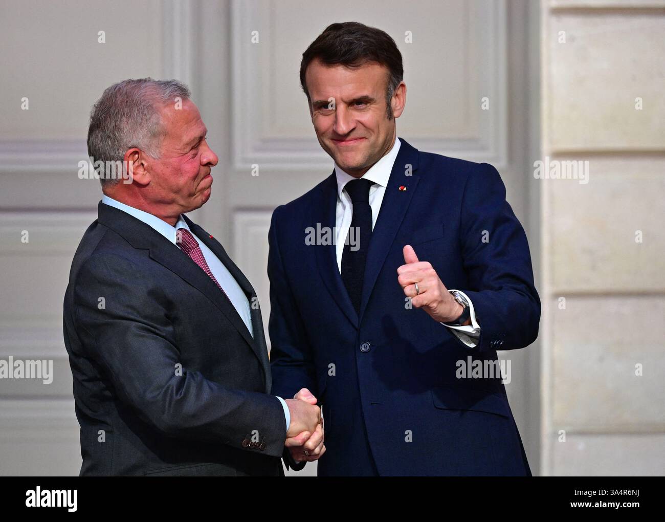 President Emmanuel Macron and King Abdullah II of Jordan during a press ...