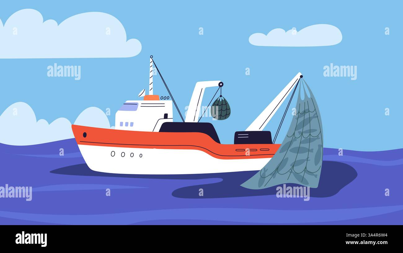 Fishing ship catches fish in ocean with nets. Fisherman marine trawler ...