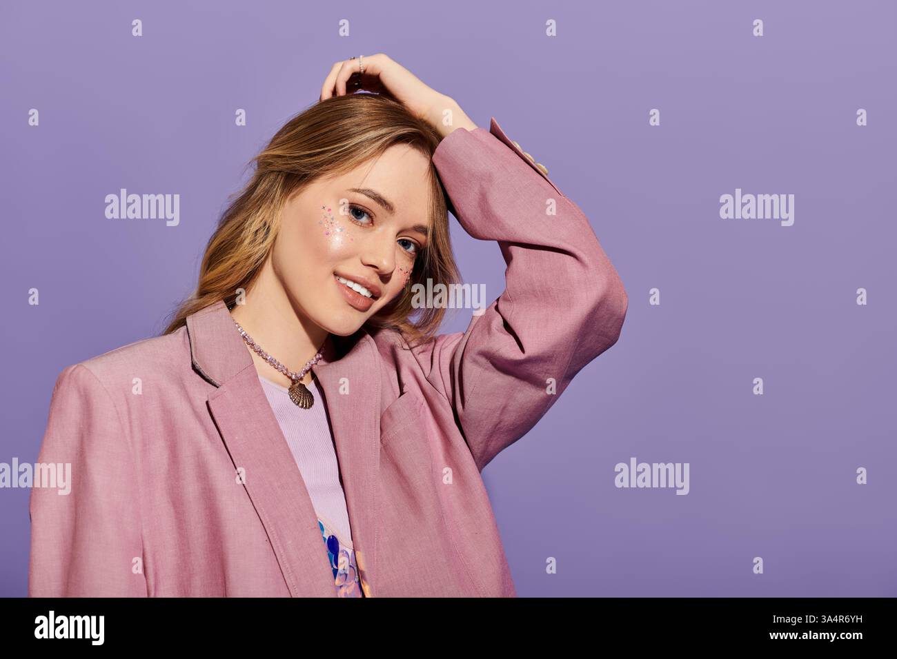 A young woman beams in a chic outfit that showcases her unique style ...