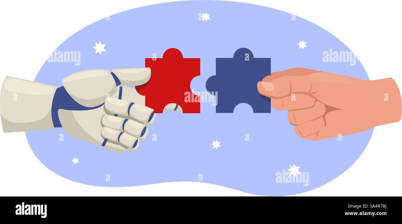 Artificial intelligence and human interaction. Robot and man hands ...