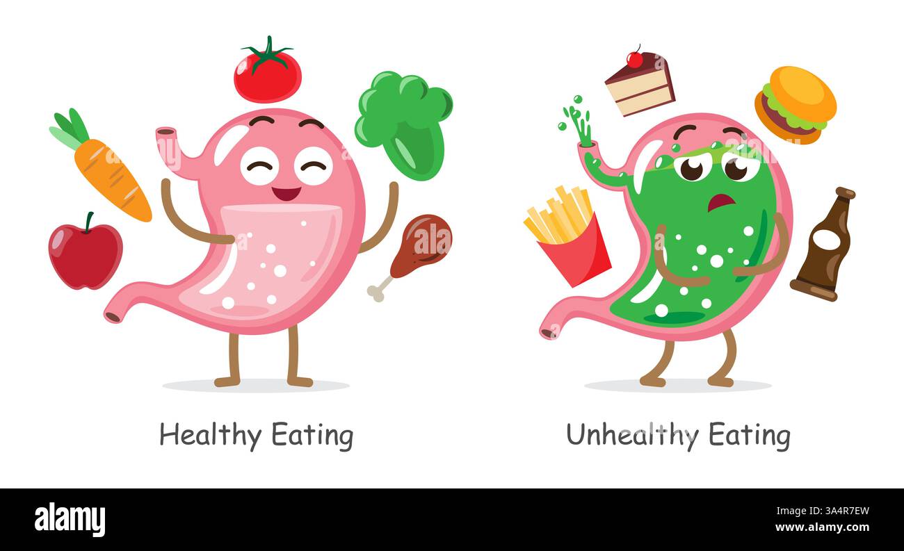 Healthy eating and Unhealthy eating . Stomach with healthy diet and ...