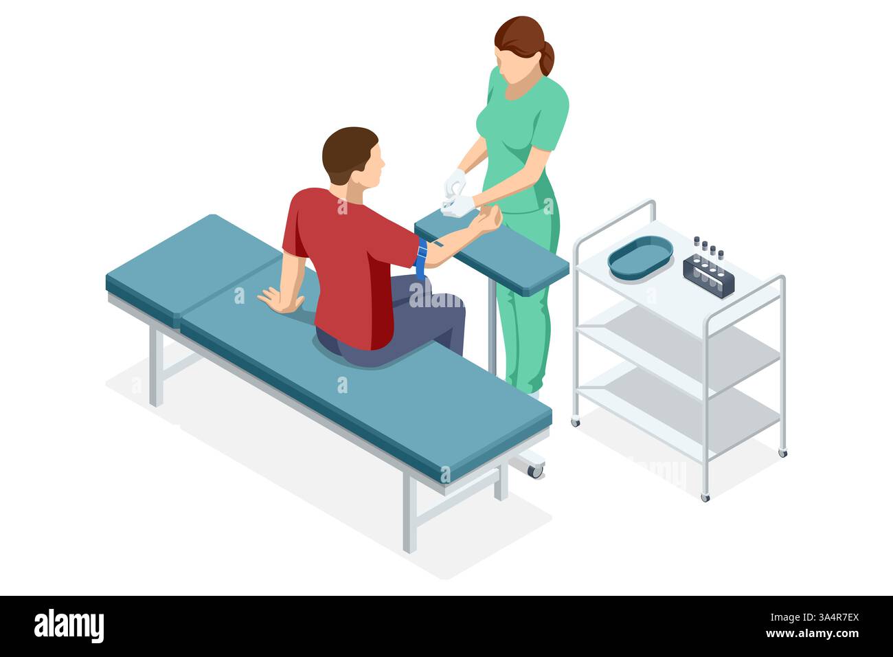 A nurse in green scrubs is taking a blood sample from a male patient ...