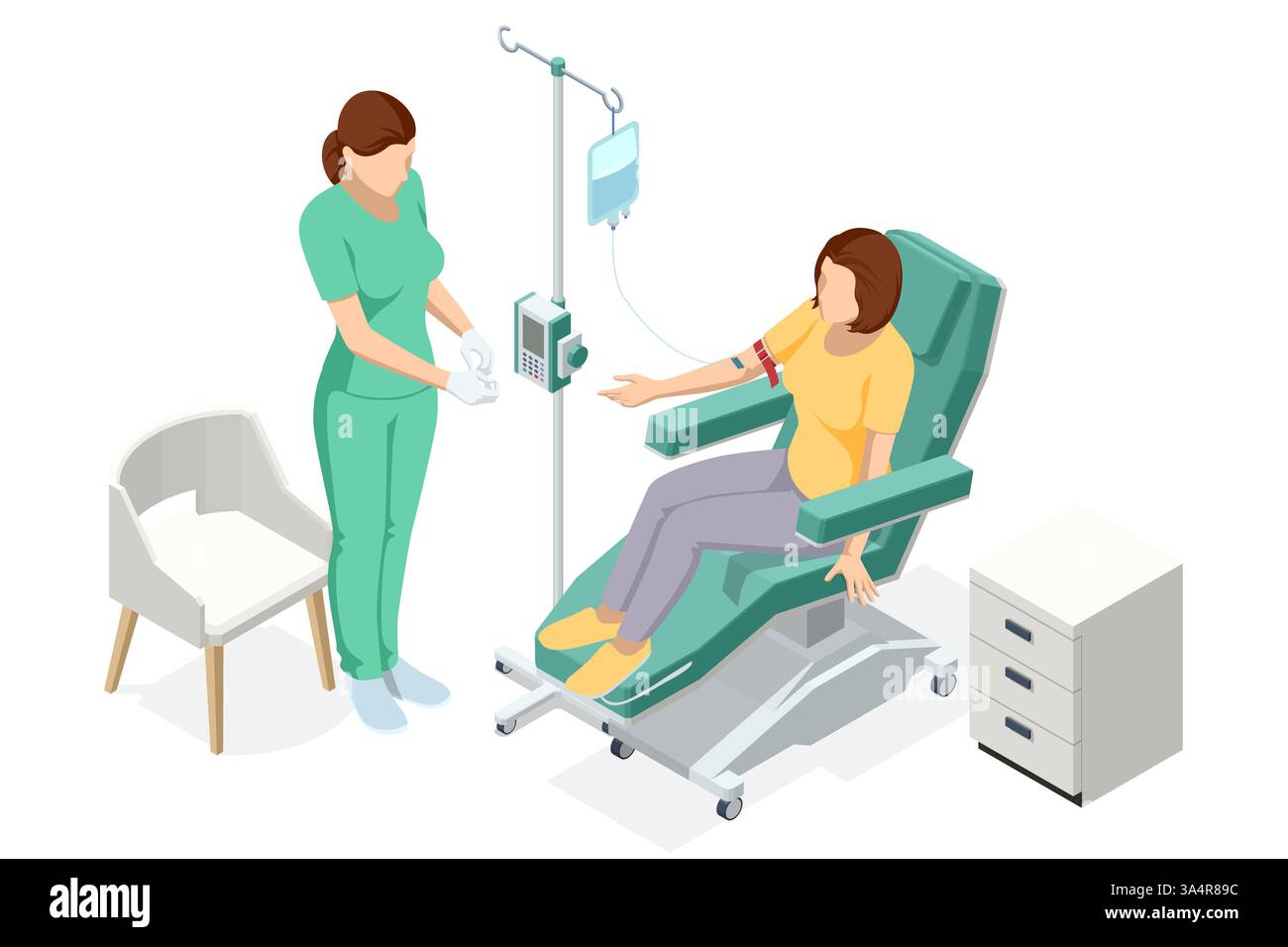 Isometric female patient sits in a reclining medical chair receiving IV ...