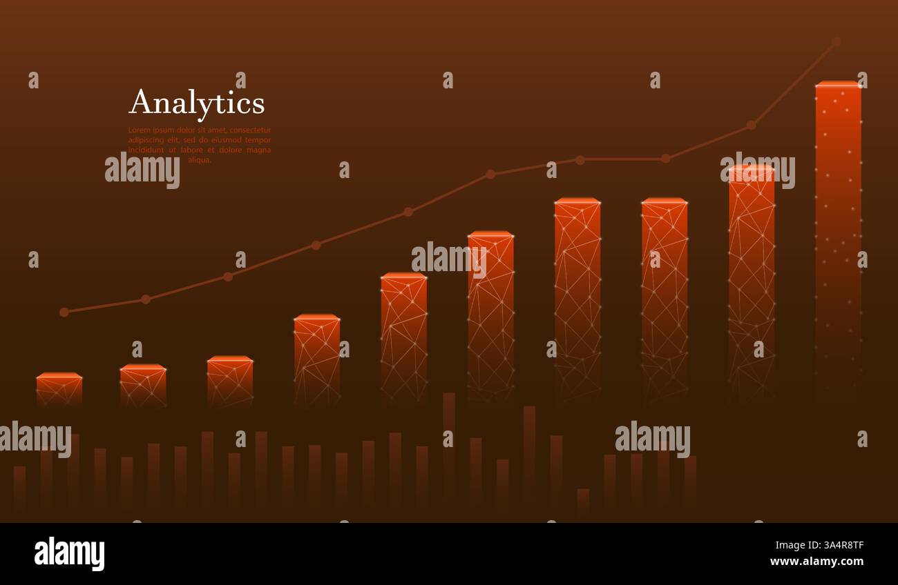 Analytics growth chart. Orange bar graph with polygonal connections and data points on a dark ...