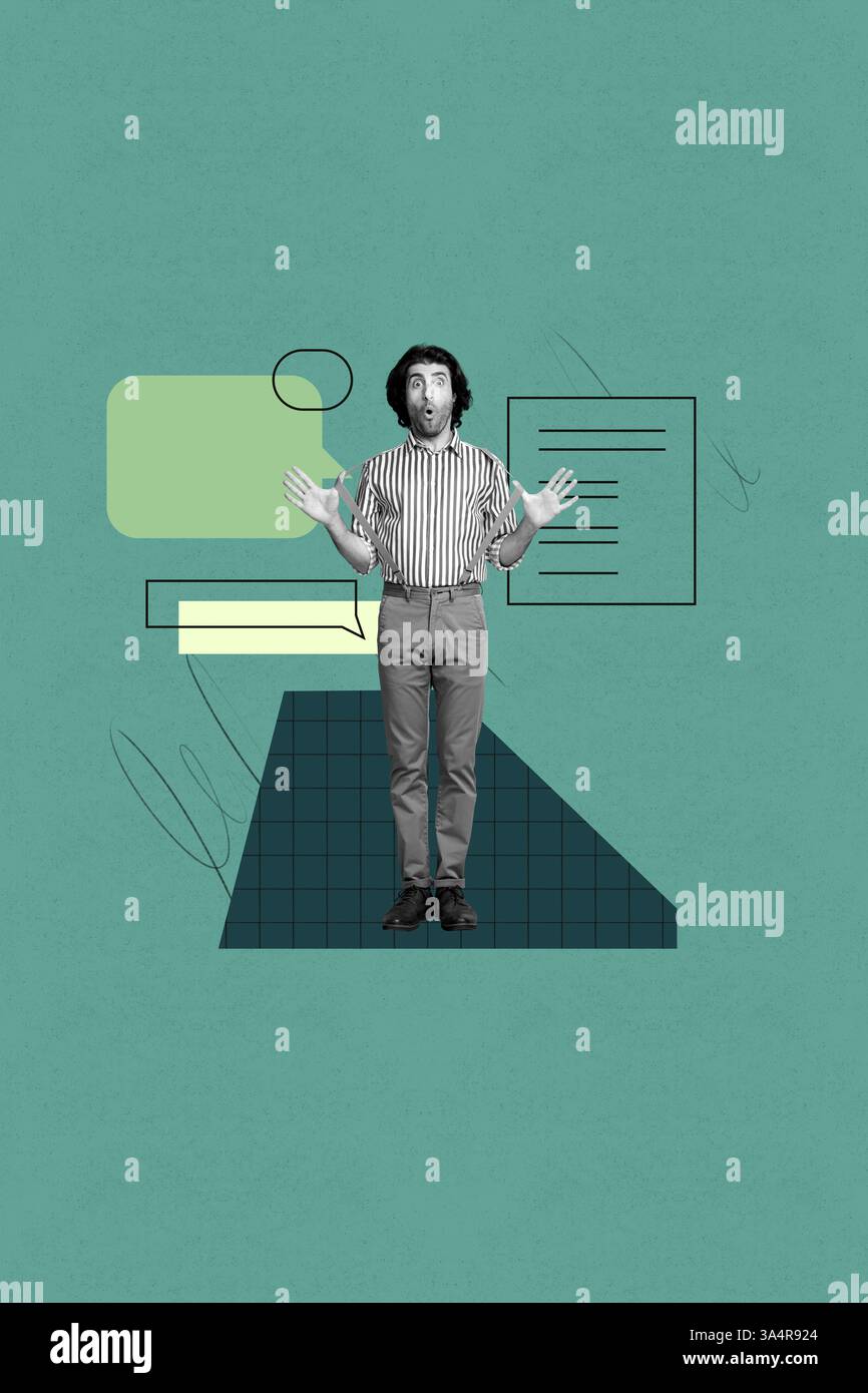 Art image vertical photo collage of astonished man receive icon list ...