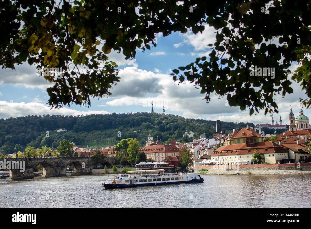 A view from across the river capturing the historic skyline of Prague ...
