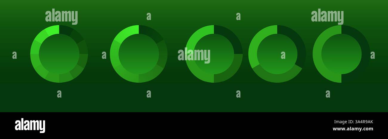 Circular progress charts. A set of green segmented donut graphs ...
