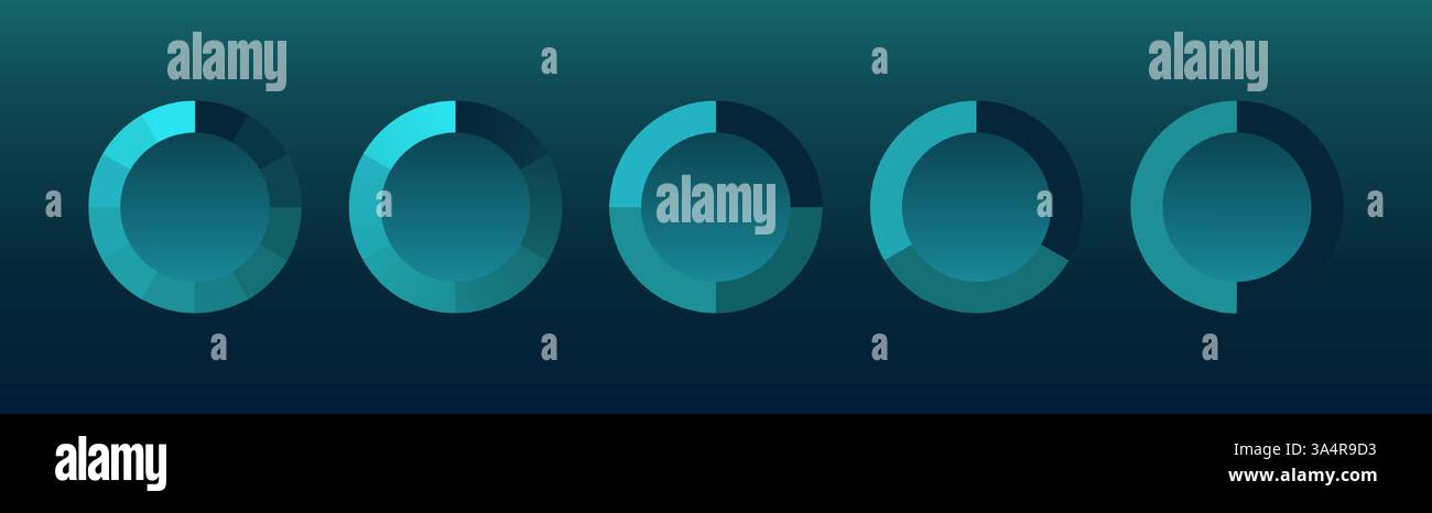 Circular progress charts. A set of blue segmented donut graphs ...