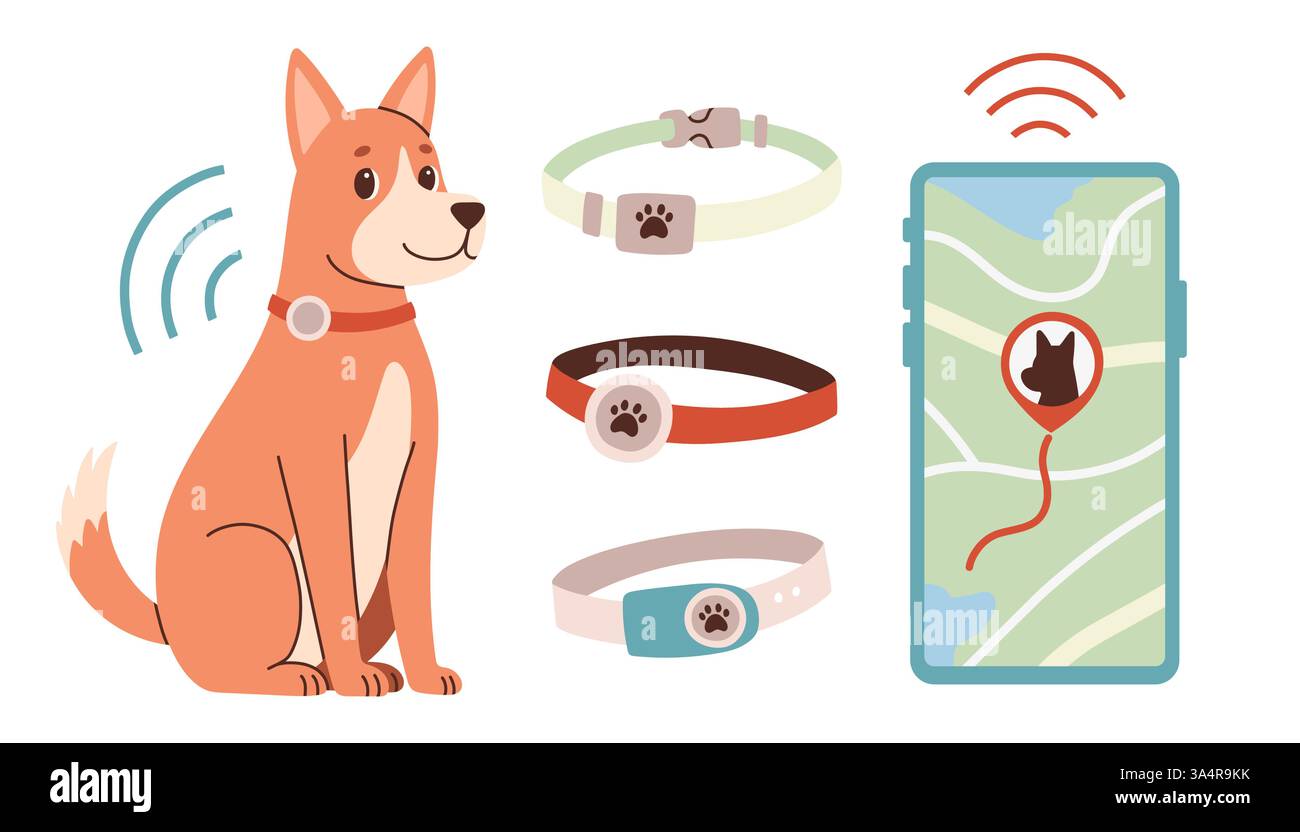 Pet GPS tracker. GPS tracking for a walking dog. A smartphone with a ...