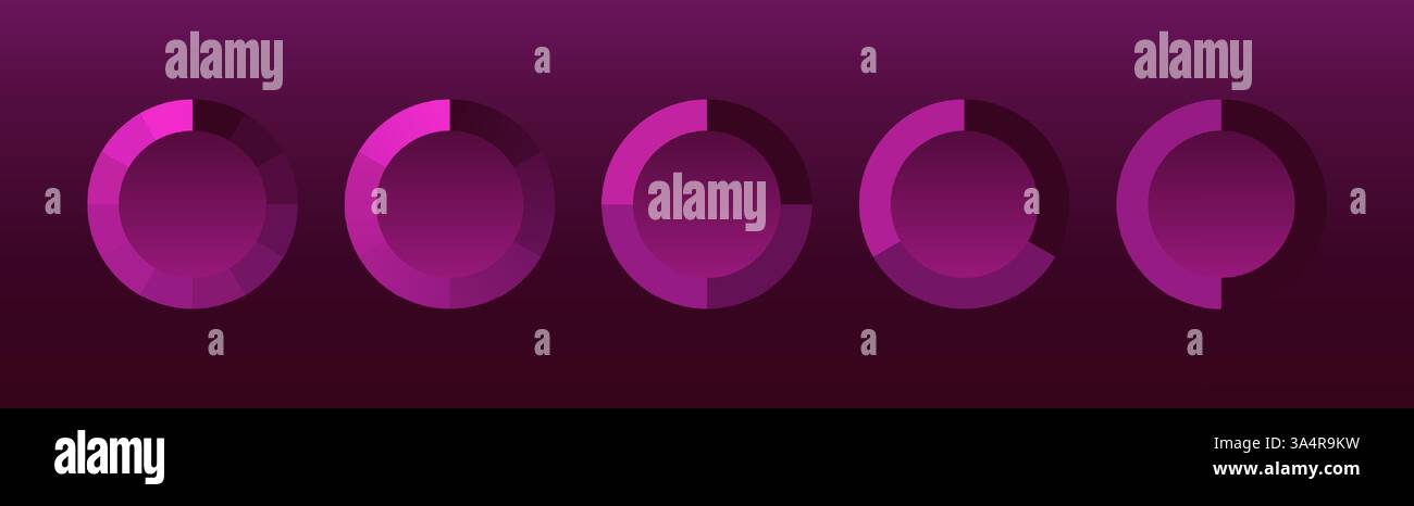 Circular progress charts. A set of purple segmented donut graphs ...