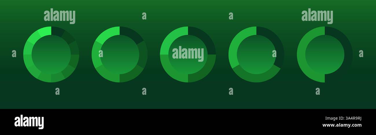 Circular progress charts. A set of blue segmented donut graphs ...