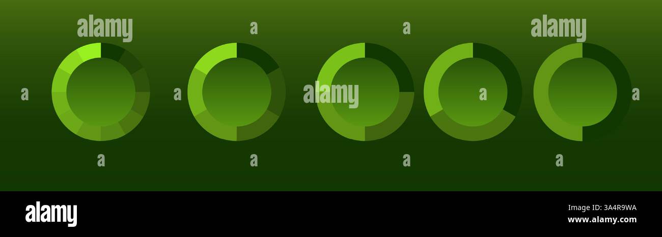 Circular progress charts. A set of green segmented donut graphs ...