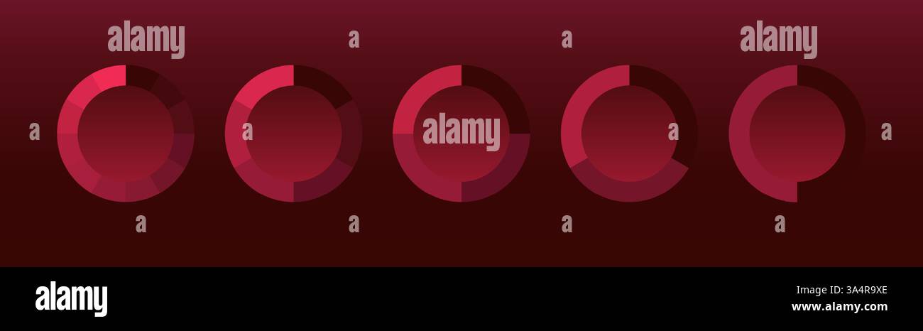 Circular progress charts. A set of red segmented donut graphs ...