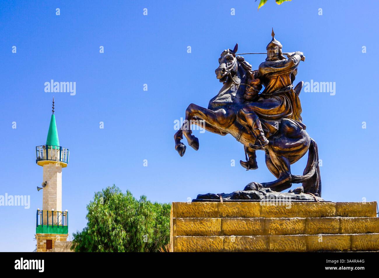 Jordan, city of Kerak, warrior statue of Sultan Saladin and a mosque ...