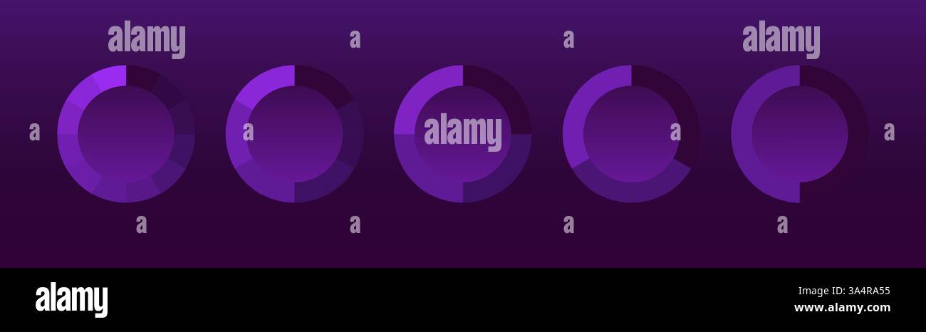 Circular progress charts. A set of purple segmented donut graphs ...