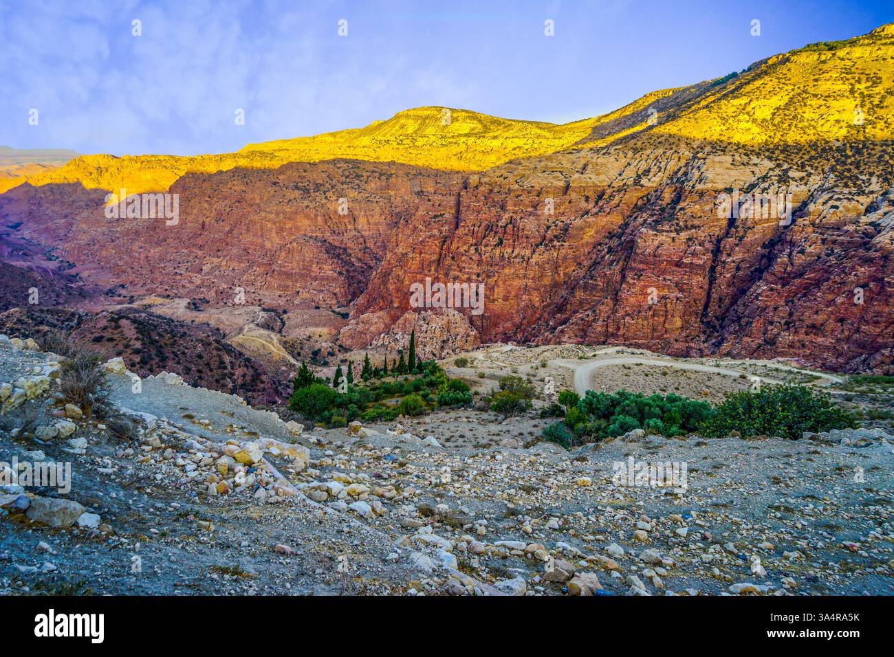 Jordan, beautiful sunrise over the canyon of the Dana Biosphere Reserve ...