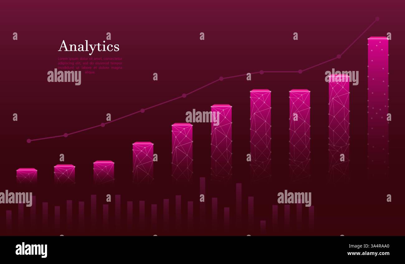 Analytics growth chart. Increasing bar graph polygonal connections data points red background ...