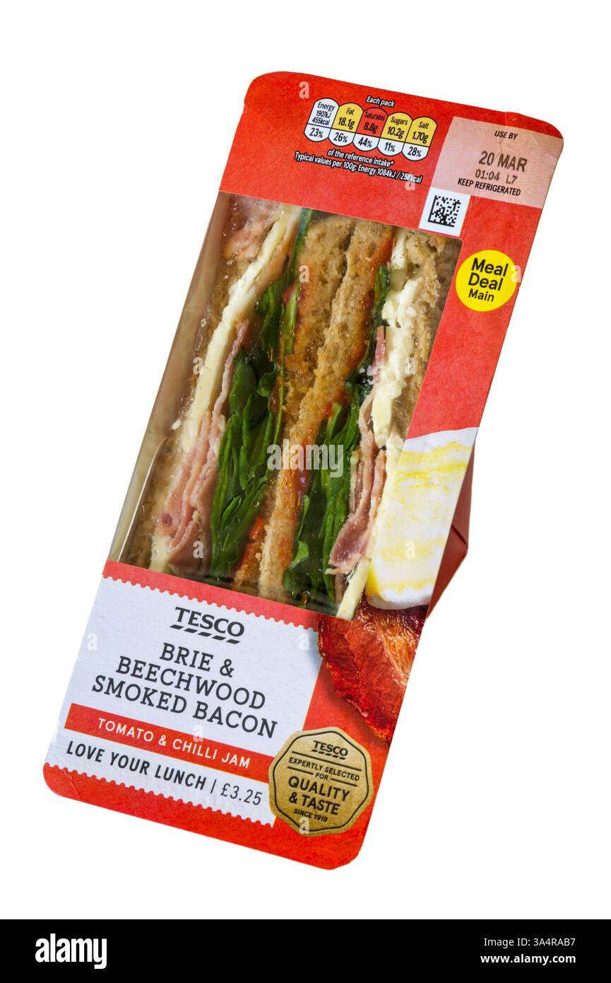 A pre-packaged Tesco Brie & Beechwood Smoked Bacon sandwich with tomato ...