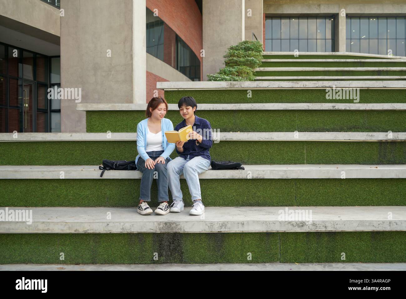 Relaxed scene of two asian college students seated on modern concrete steps with green turf ...