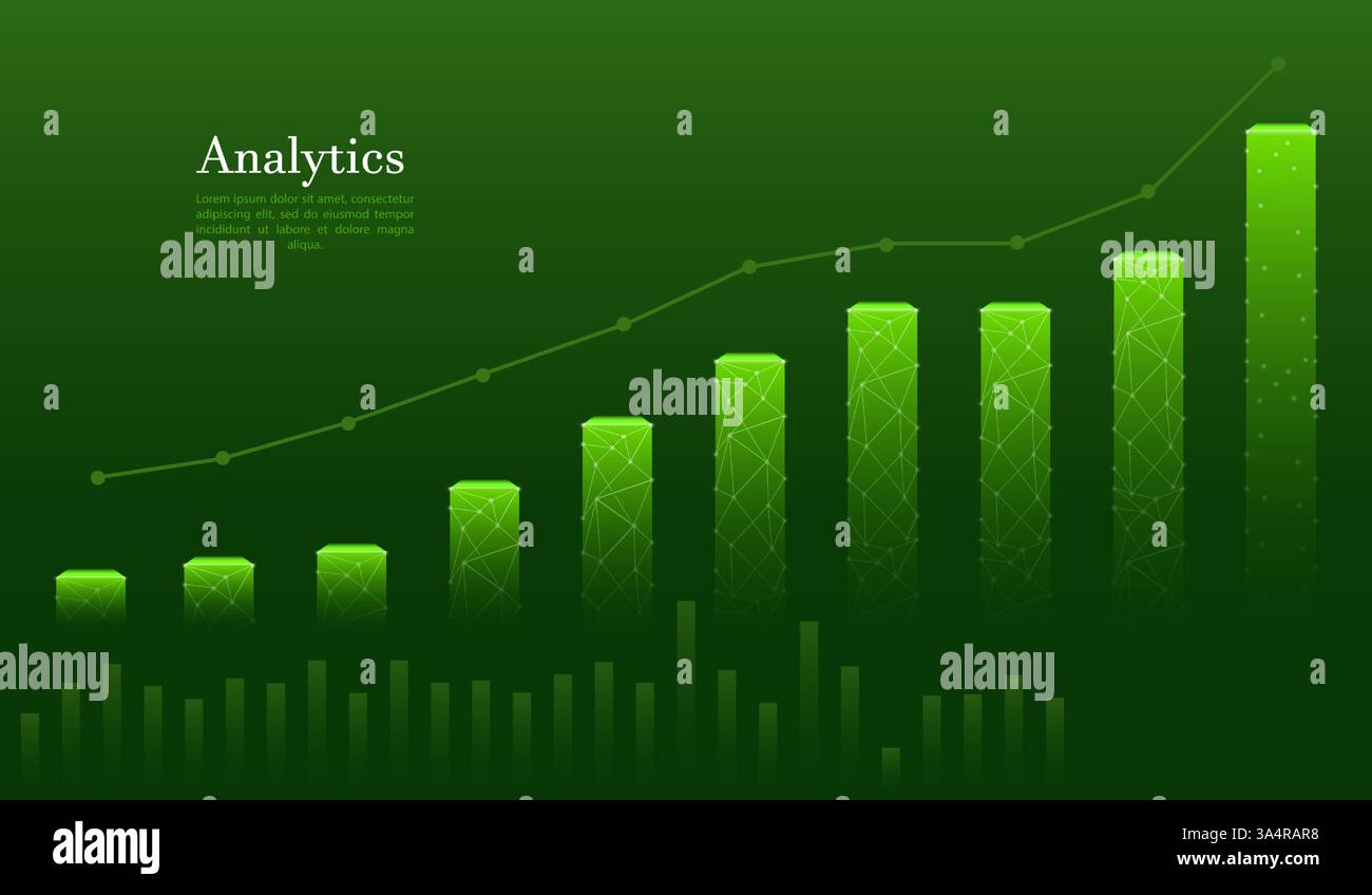 Analytics growth chart. Green bar graph with polygonal connections and data points on a dark ...