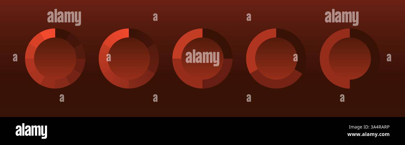 Circular progress charts. A set of red segmented donut graphs ...