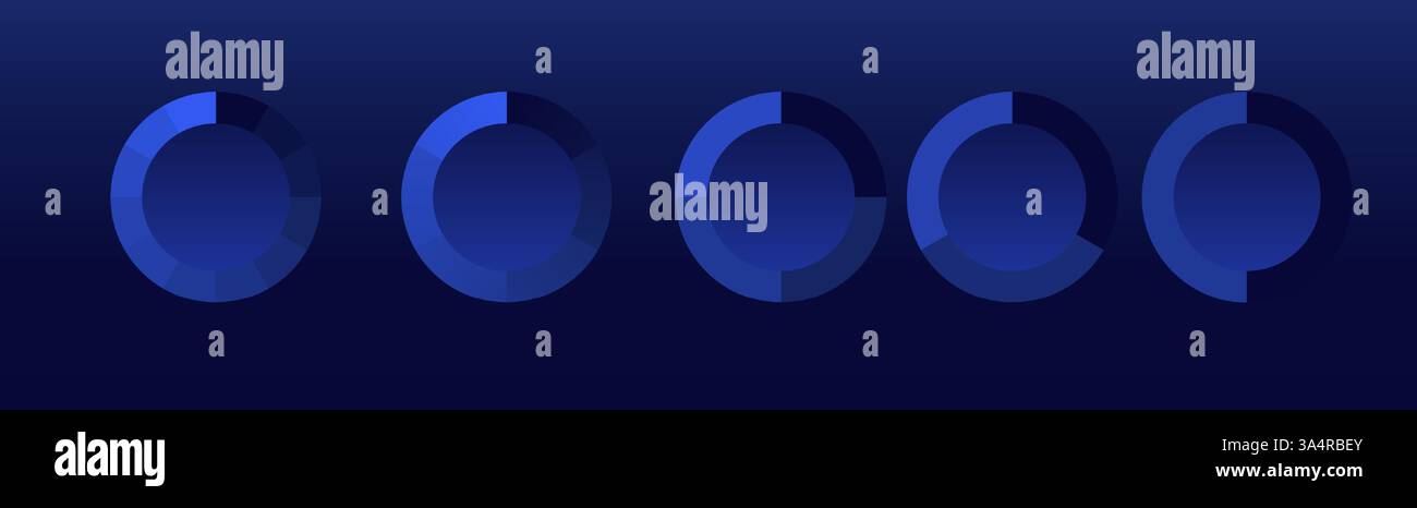 Circular progress charts. A set of blue segmented donut graphs ...
