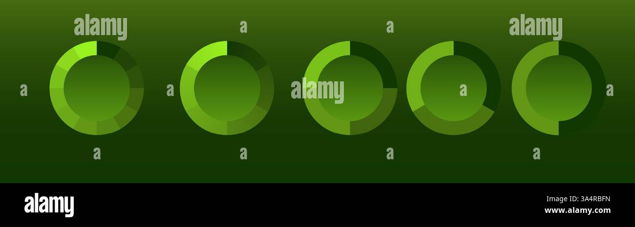 Circular progress charts. A set of green segmented donut graphs ...