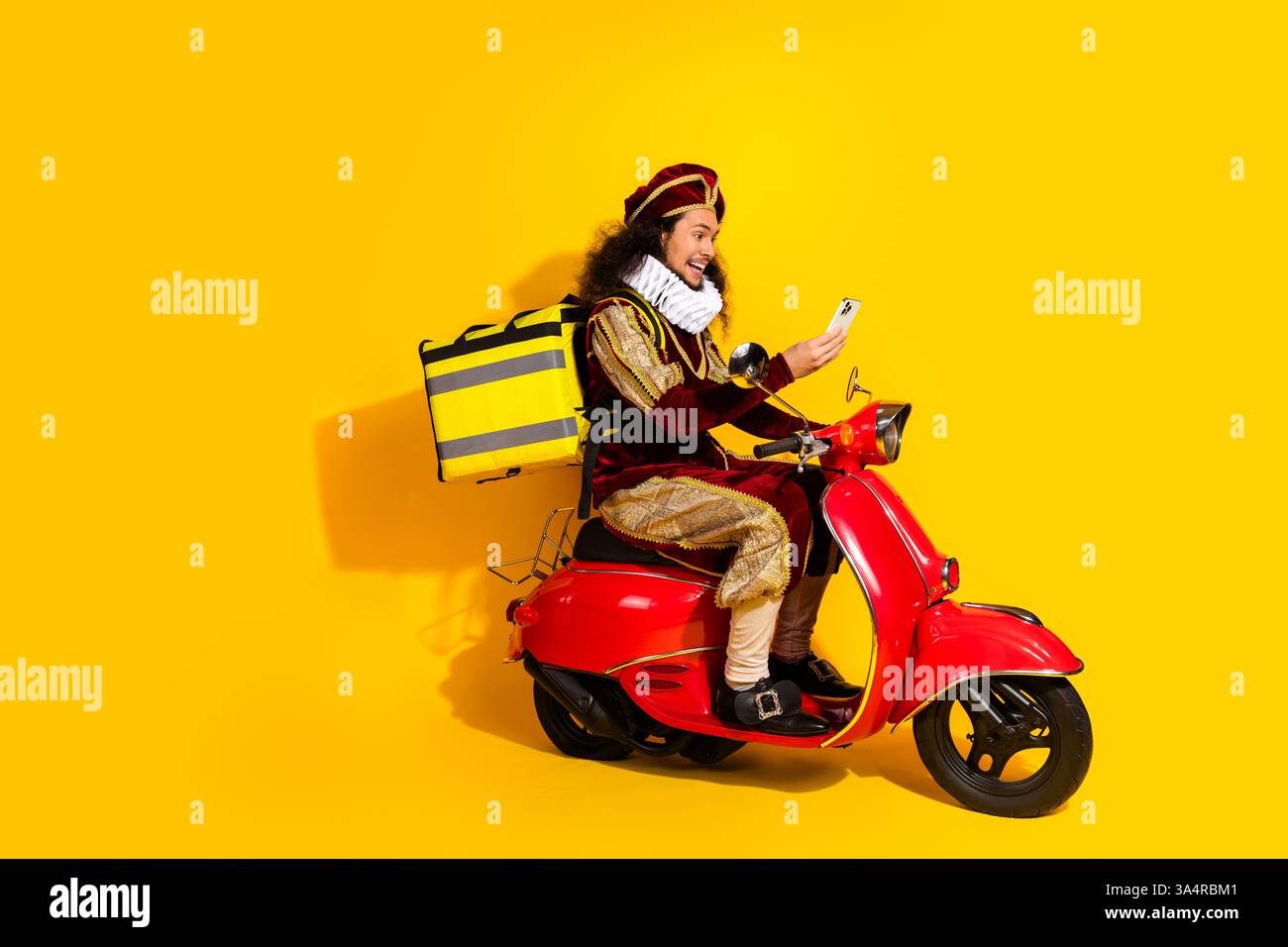 A Nobleman in Royal Costume Delivers Food on a Modern Scooter Stock ...
