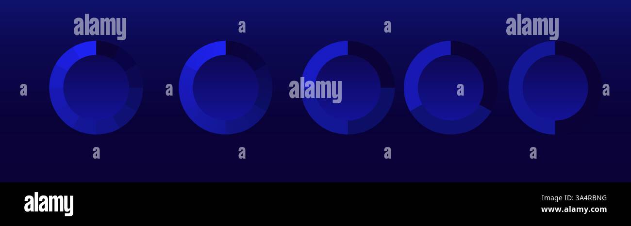 Circular progress charts. A set of blue segmented donut graphs ...