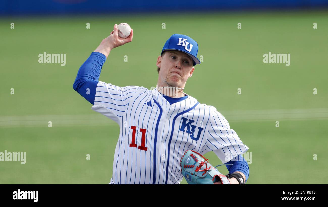 Kansas pitcher Cooper Moore (11) during an NCAA college baseball game ...