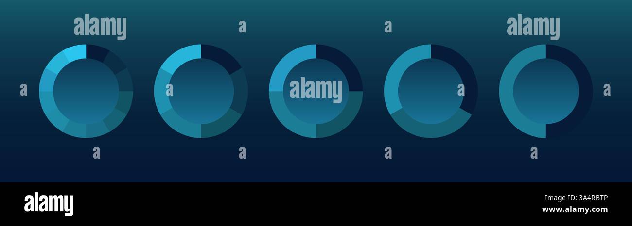 Circular progress charts. A set of blue segmented donut graphs ...